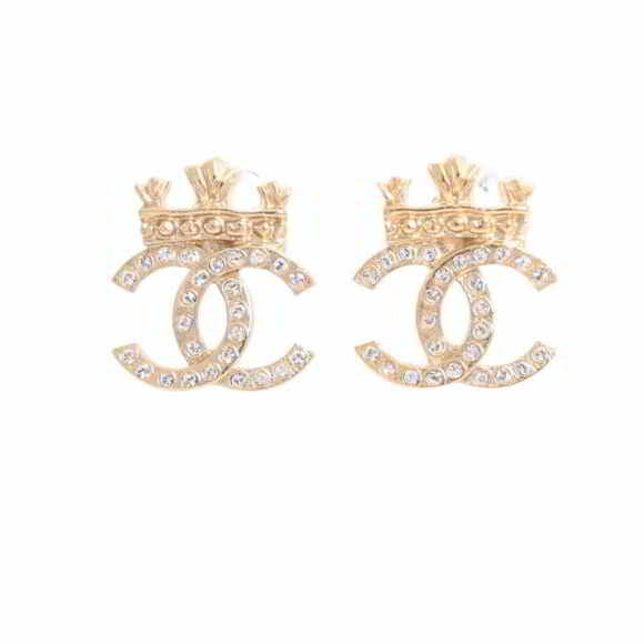 CHANEL | Jewelry | Chanel Rhinestone Coco Mark Crown Earrings Gold ...